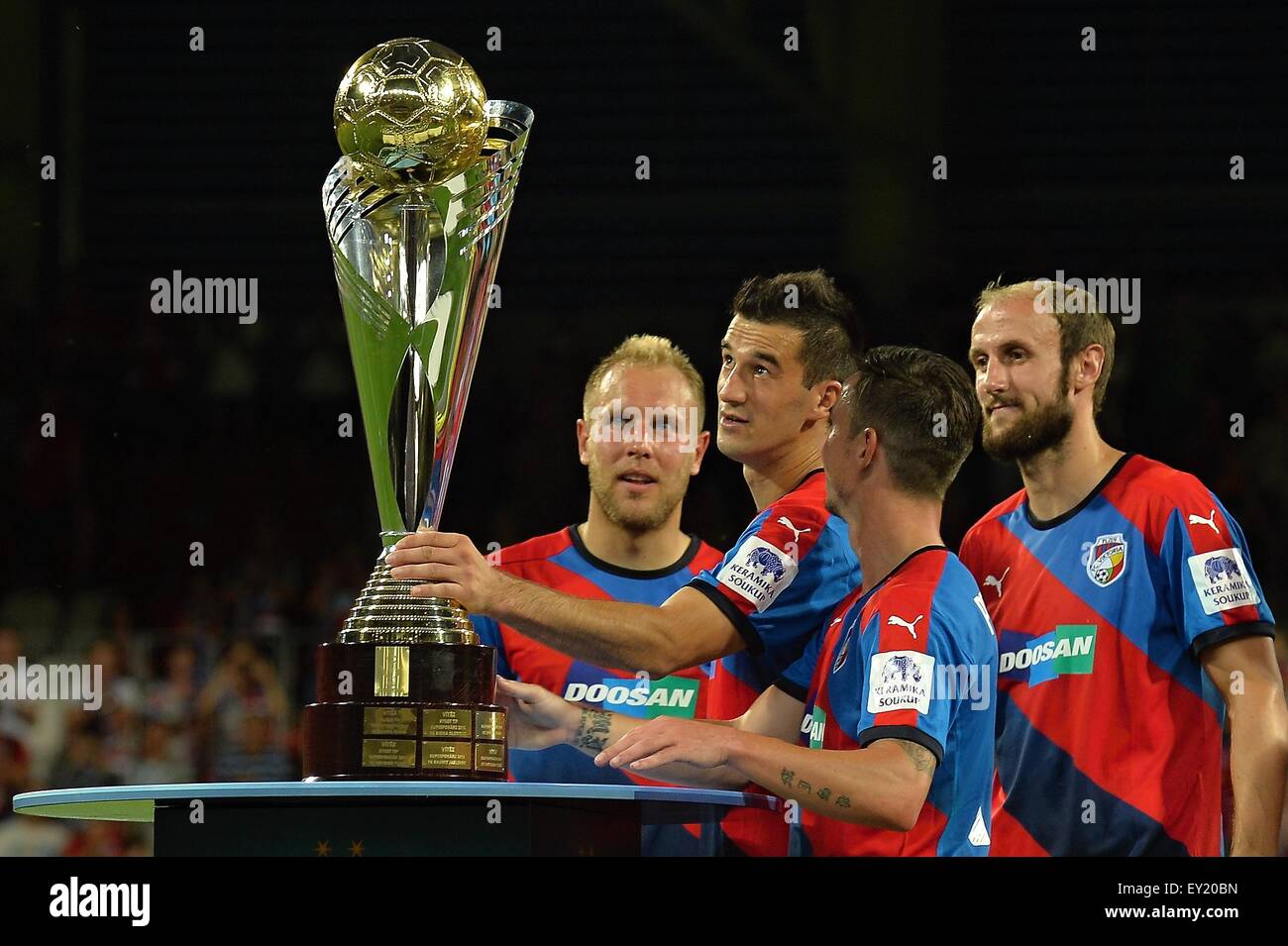 Viktoria Plzen team celebrate their victory of the Super Cup soccer ...