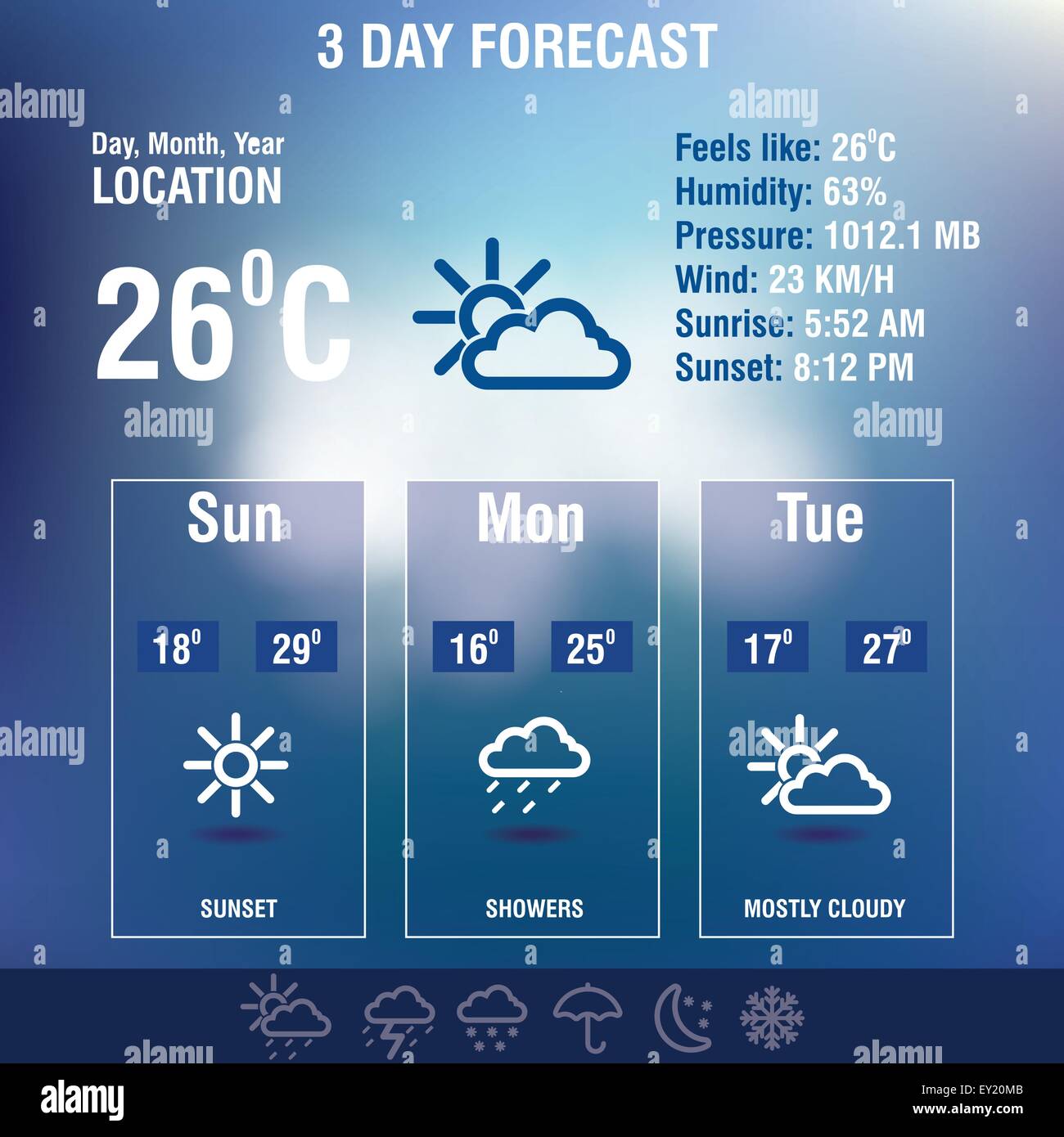 Weather forecast interface with icon set - vector illustration Stock ...