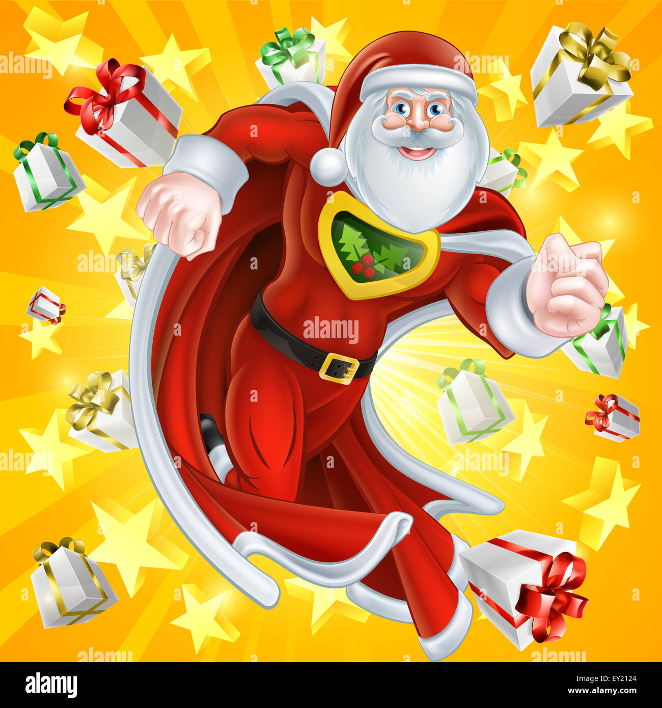 Caped cartoon Santa Claus Christmas superhero character with gifts and ...
