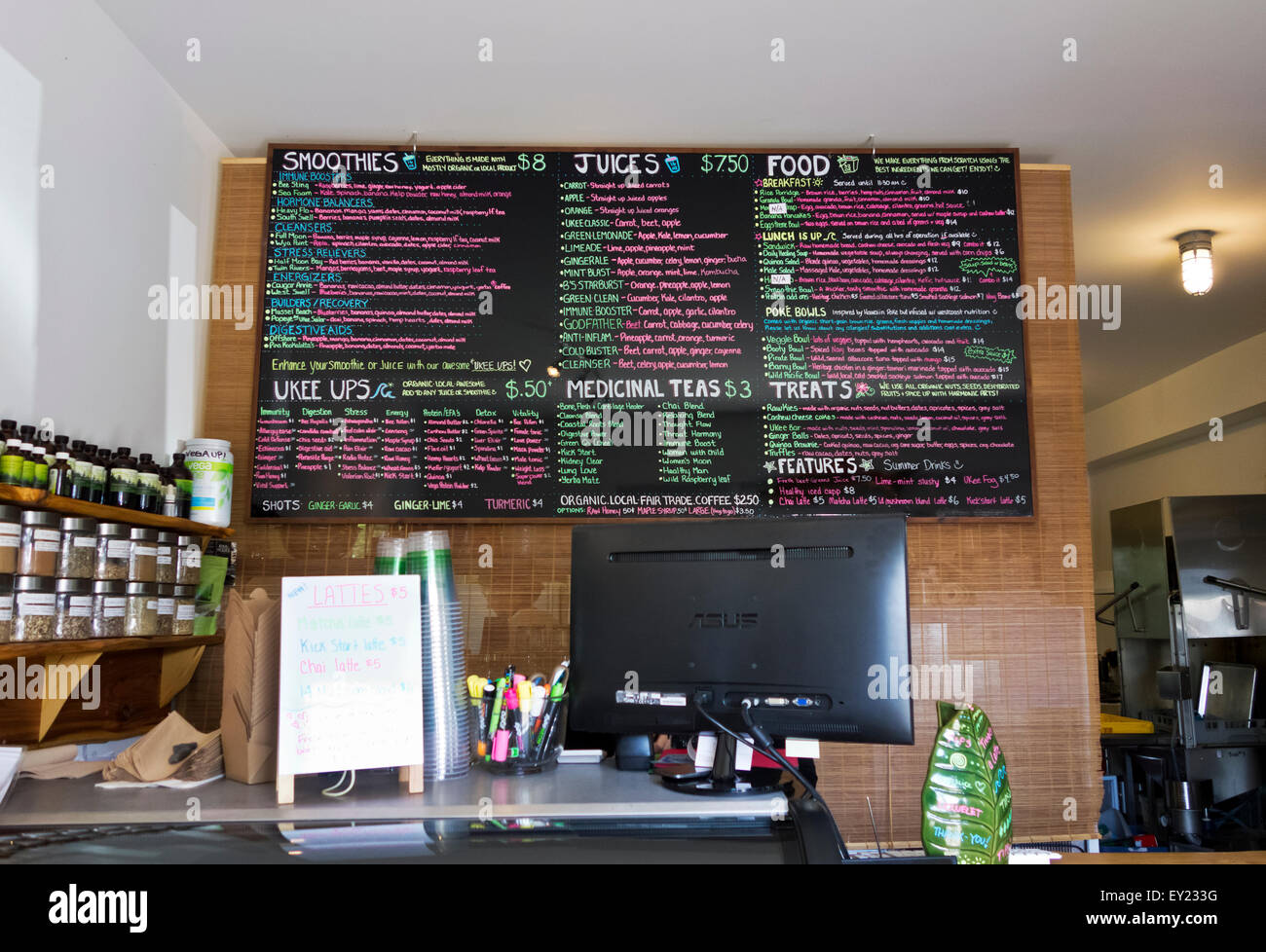 Menu board of healthy smoothies, bowls, and other healthy tasty foods ...