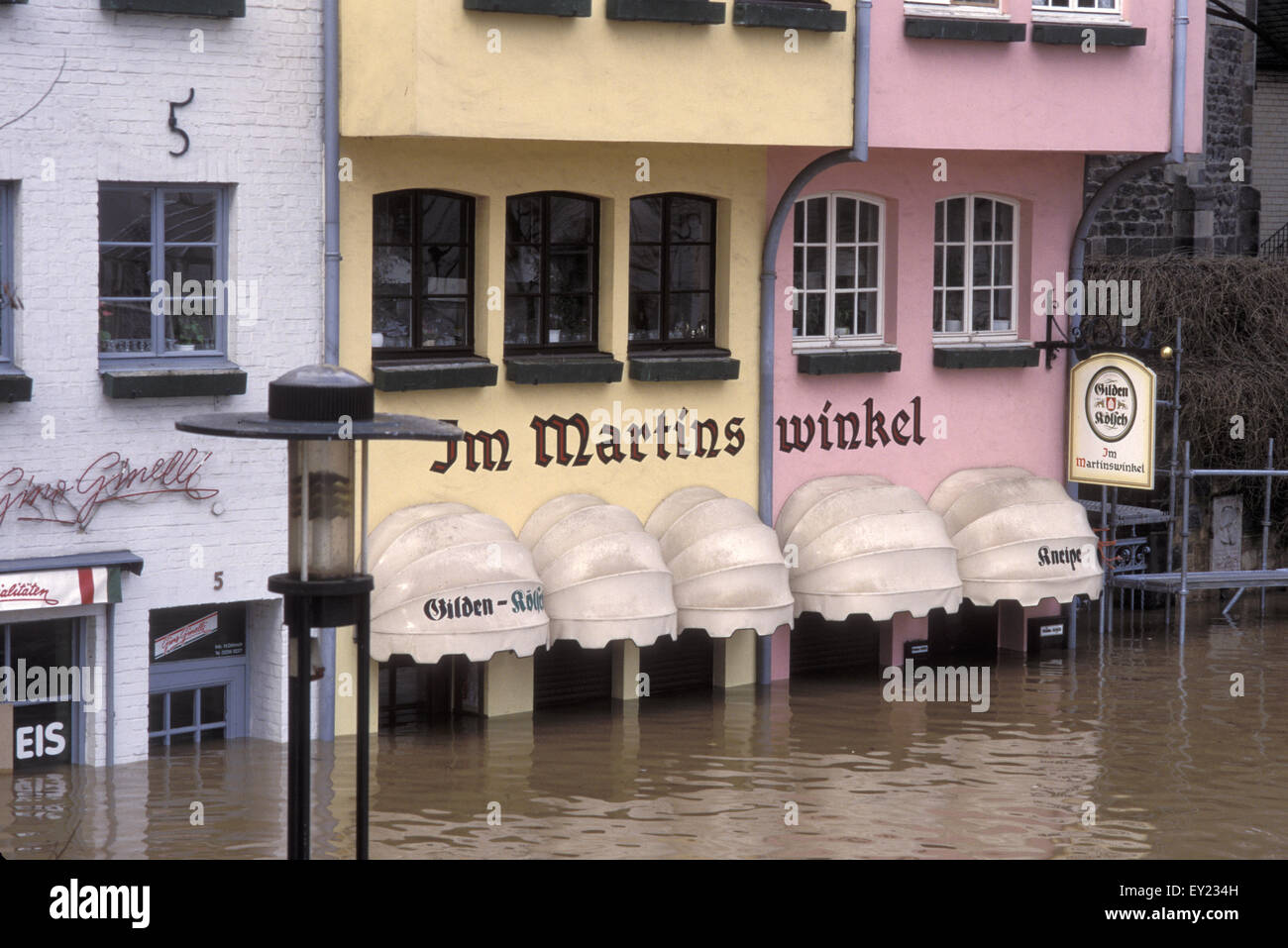 Europe, Germany, Cologne, flood of the river Rhine January 1995, houses ...