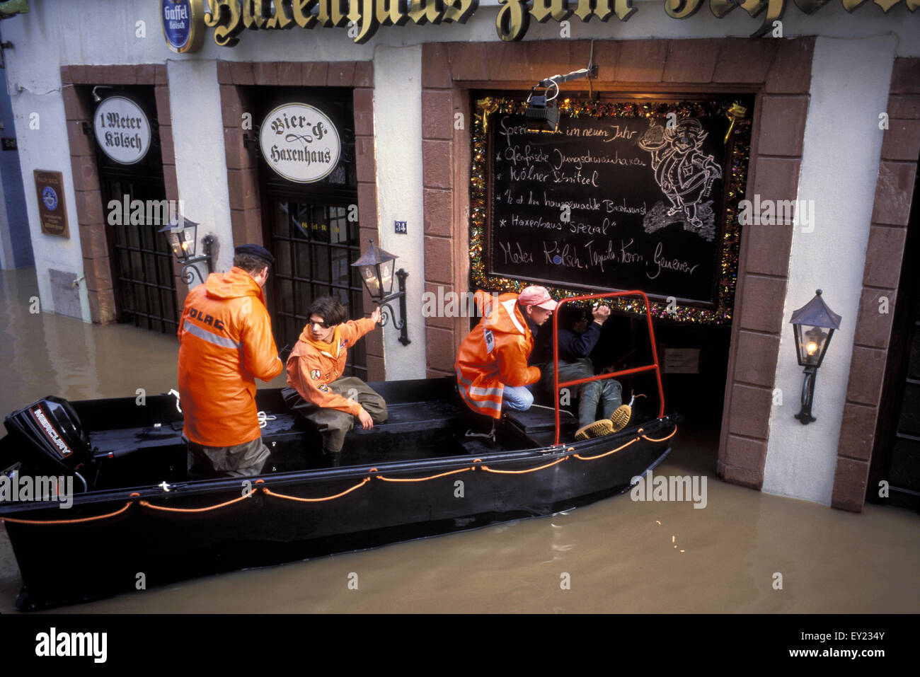 Europe, Germany, Cologne, flood of the river Rhine January 1995, men of ...