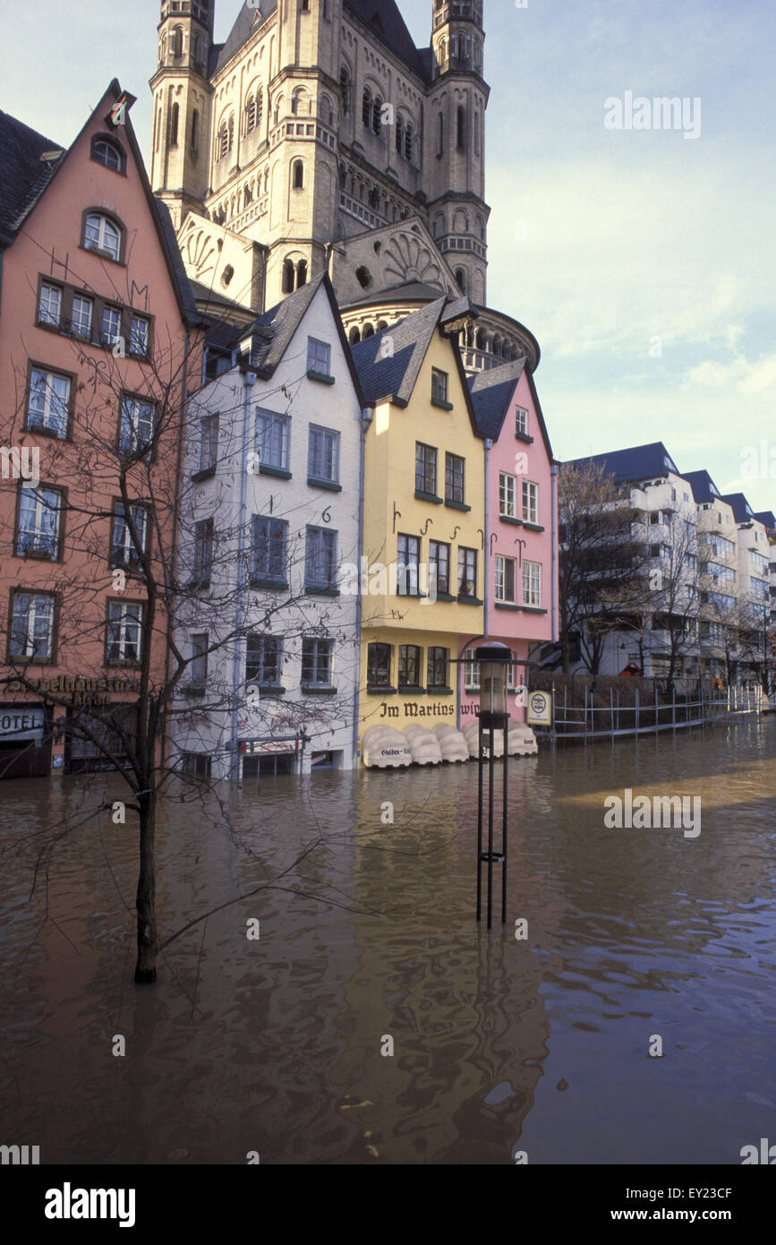 Europe, Germany, Cologne, flood of the river Rhine January 1995, houses ...