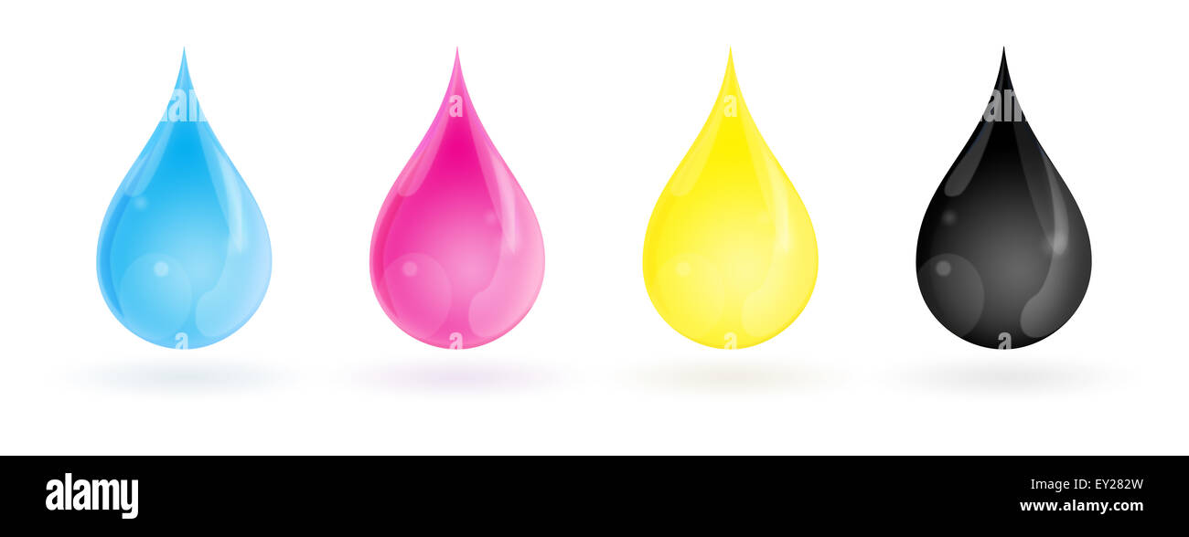 CMYK colour ink drops with shadow isolated on a white background. With ...