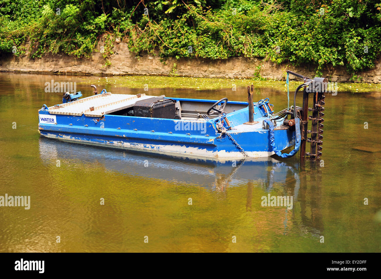 A small blue boat floating in the Cheddar Yeo in Cheddar village near ...