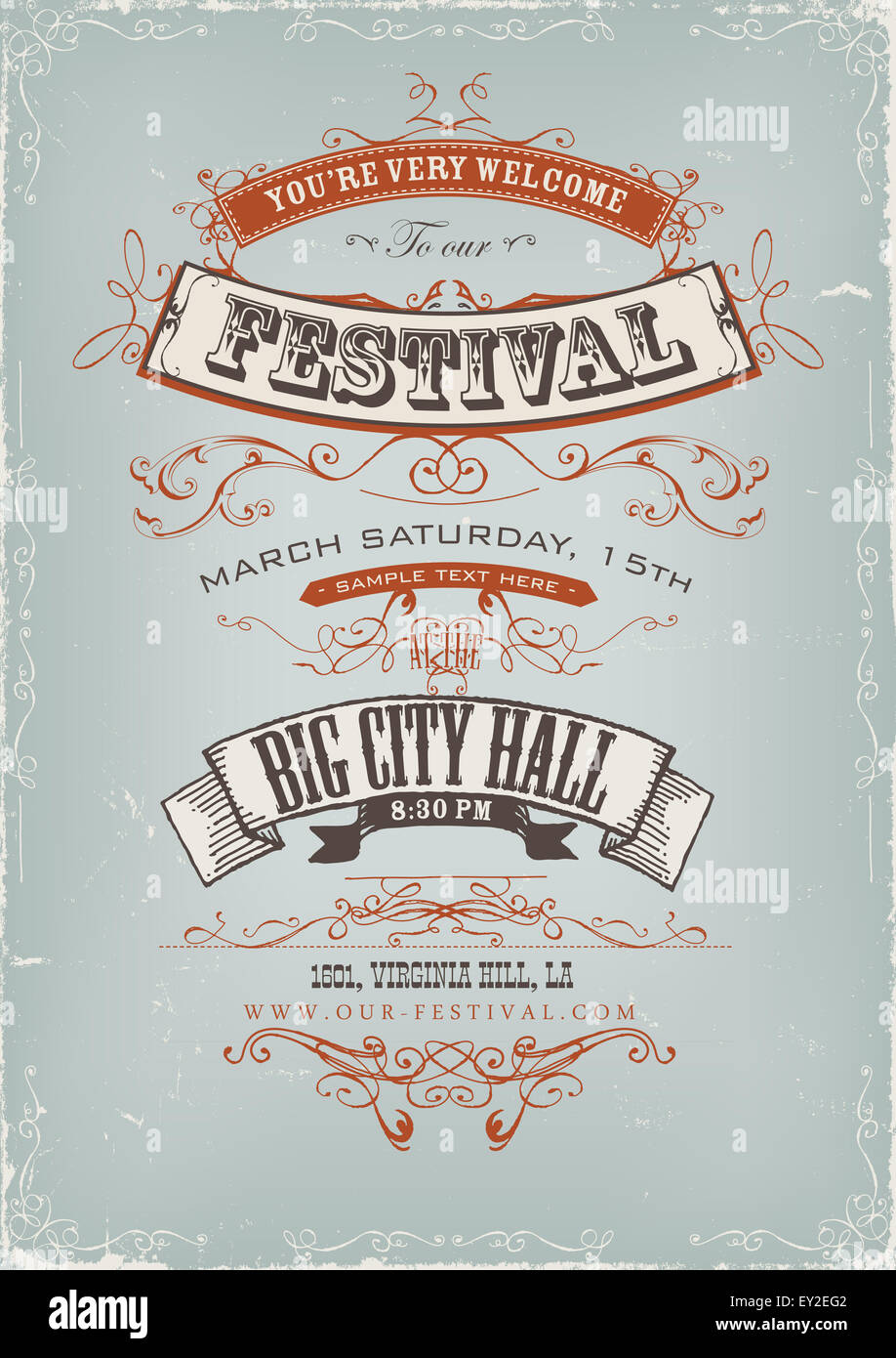 Illustration of a vintage invitation placard poster background with sketched banners, floral ...