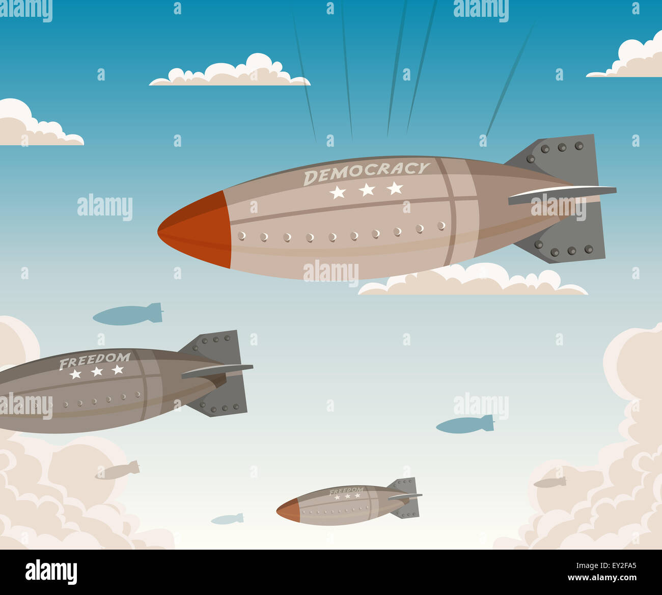 Illustration of cartoon military bombshells falling from the sky with ...