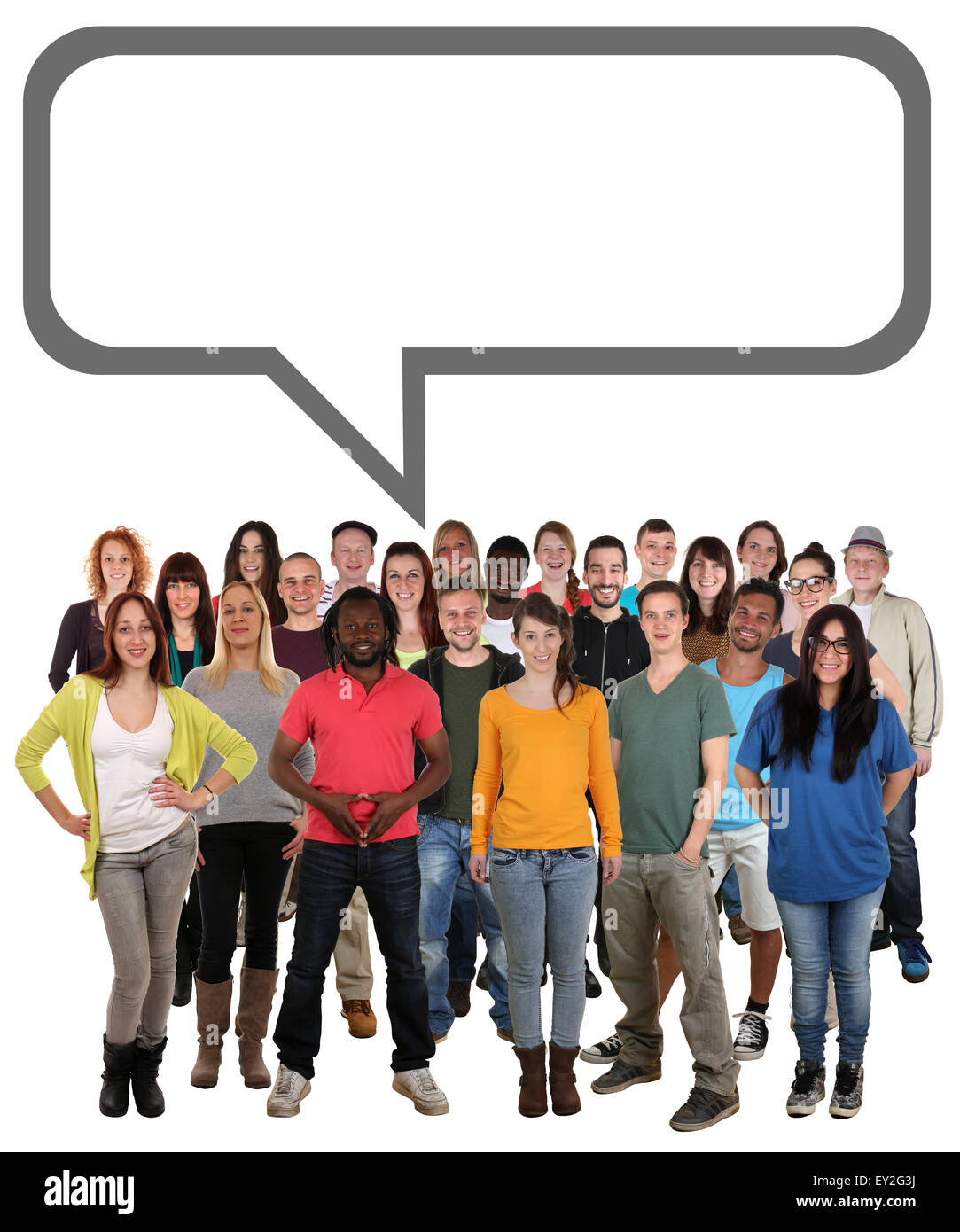 Happy multi ethnic group of smiling young people talking with speech ...