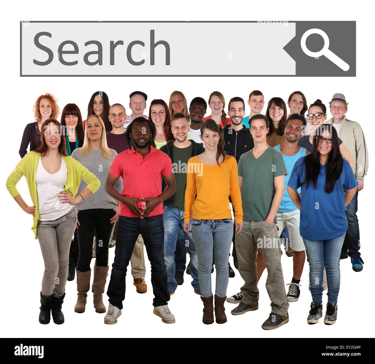 Large group of young smiling people searching with search engine on ...