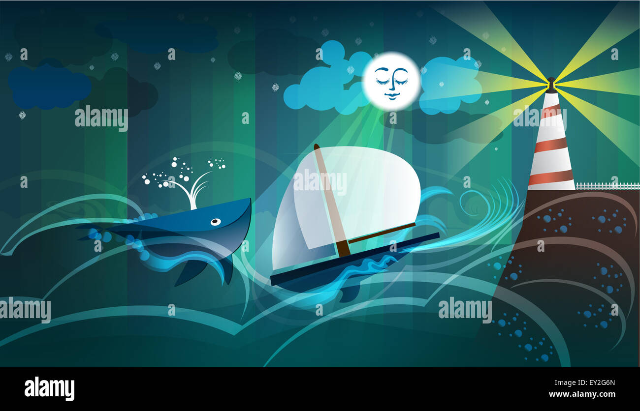 Whale boat sea moon lighthouse cliff Stock Photo - Alamy