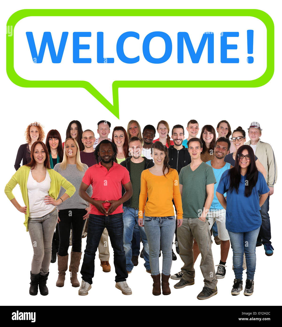 Large multi ethnic group of smiling young people with word welcome ...