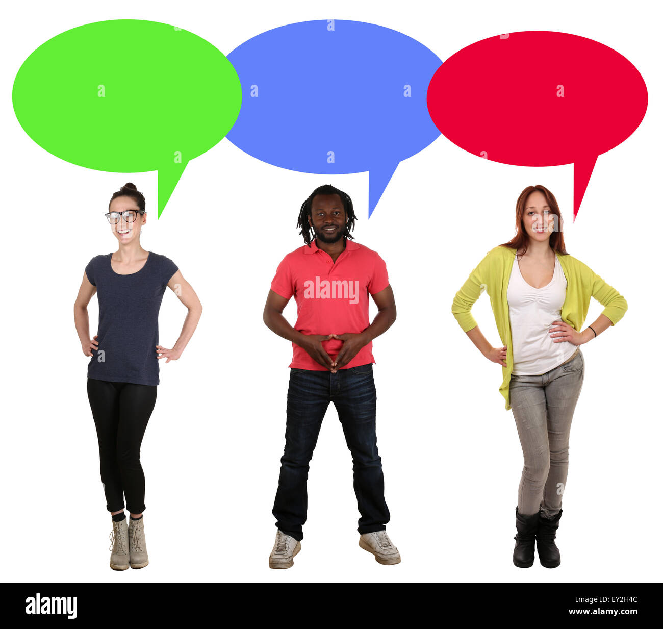 Smiling multicultural multi ethnic young people talking with speech ...