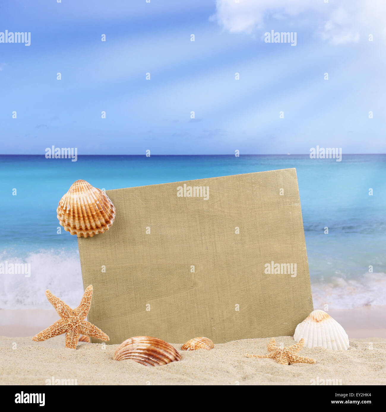 Sandy beach scene in summer vacation with sea shells, stars and ...