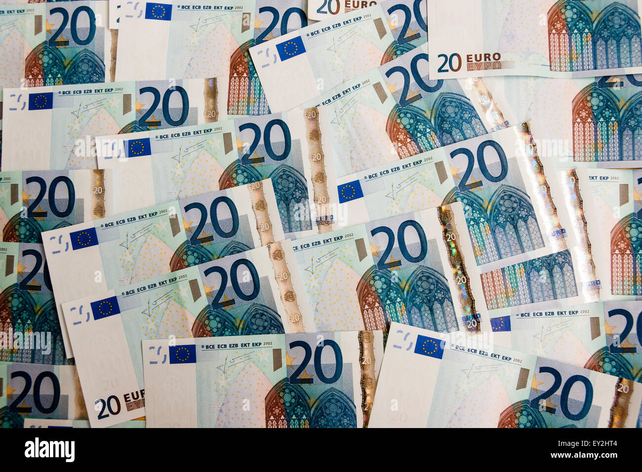 Edge to edge scattered Euro banknotes all showing the obverse, front ...