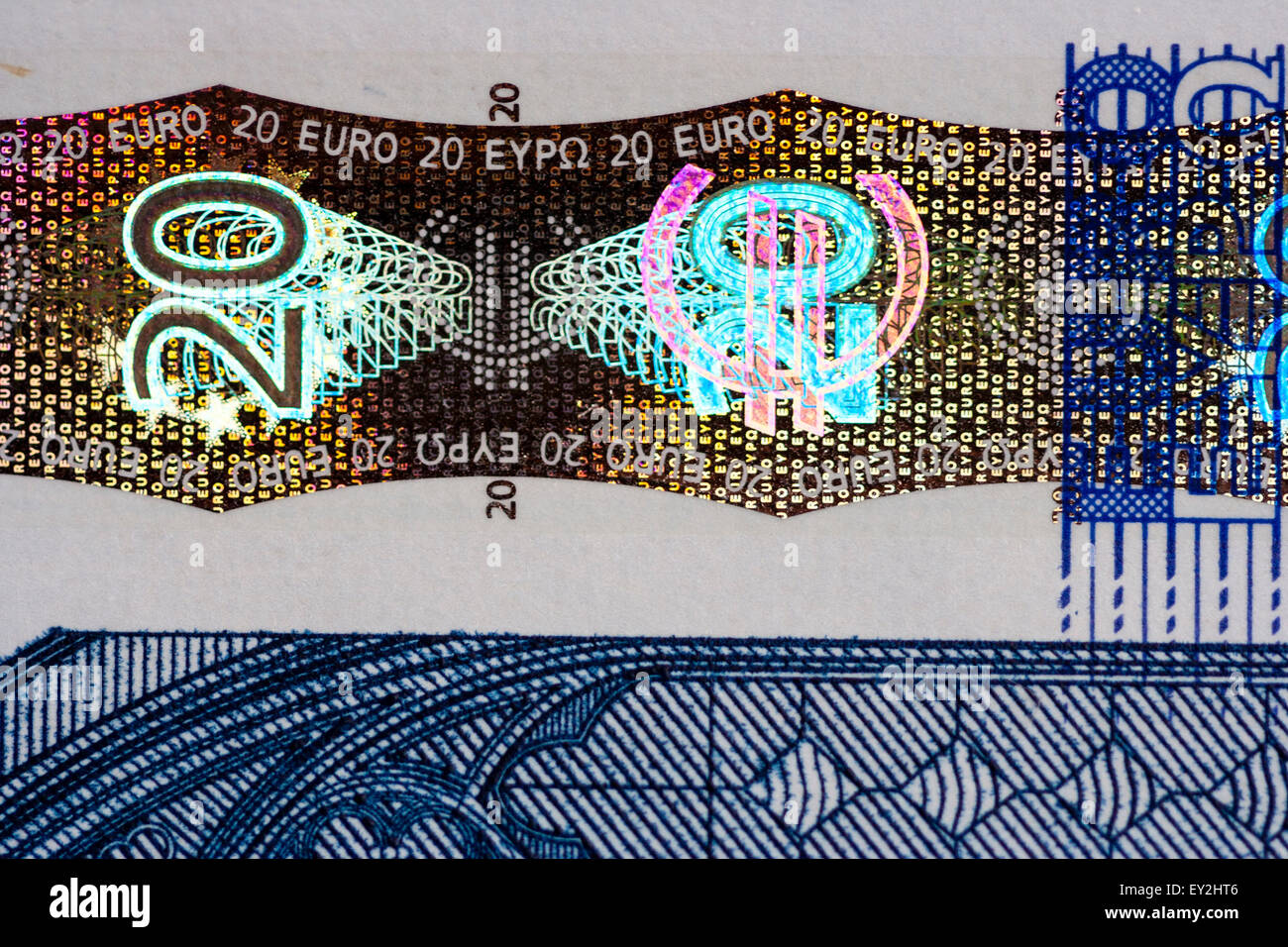 Close up of the hologram 20 symbol on a 20 Euro banknote, one of the ...