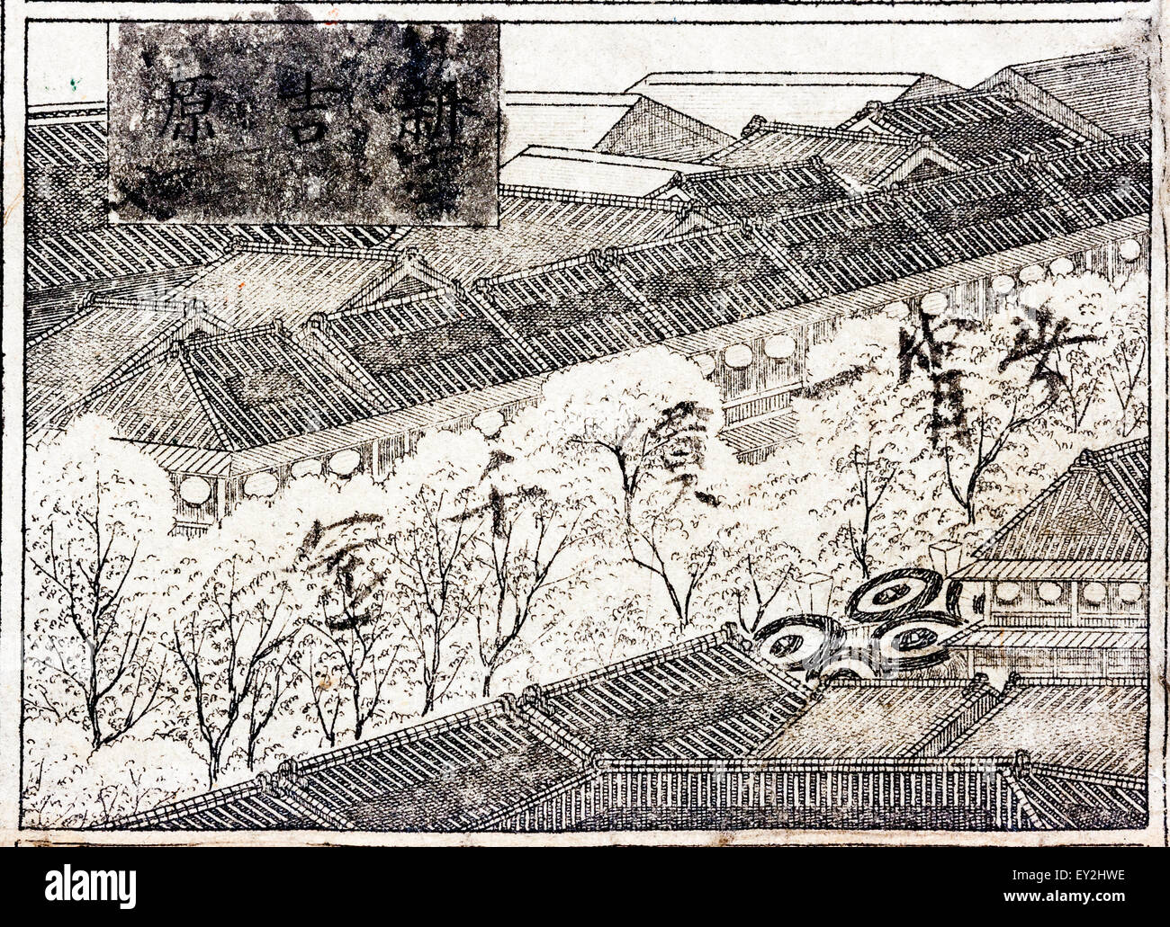 Japan, Meiji period 1882, Map of Tokyo. Margin line panel drawing of ...