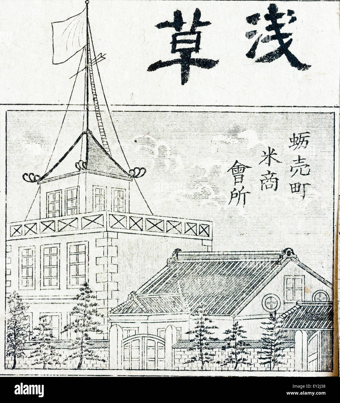 Japan, 1882, Map of Tokyo, Edo, detail. Margin line panel drawing of a ...