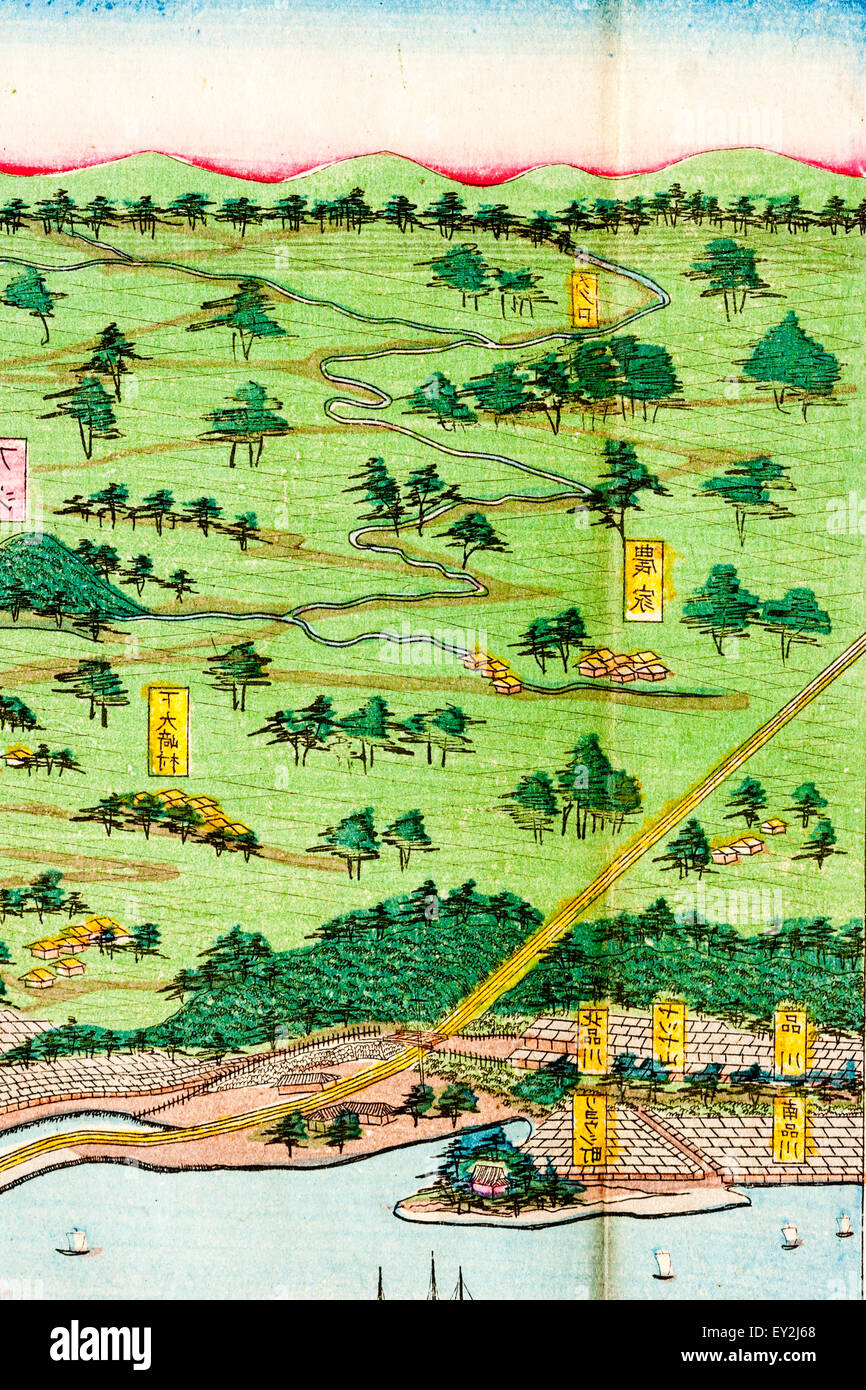 1882 stylized Topographic color Map of Tokyo, Edo. Detail showing part ...