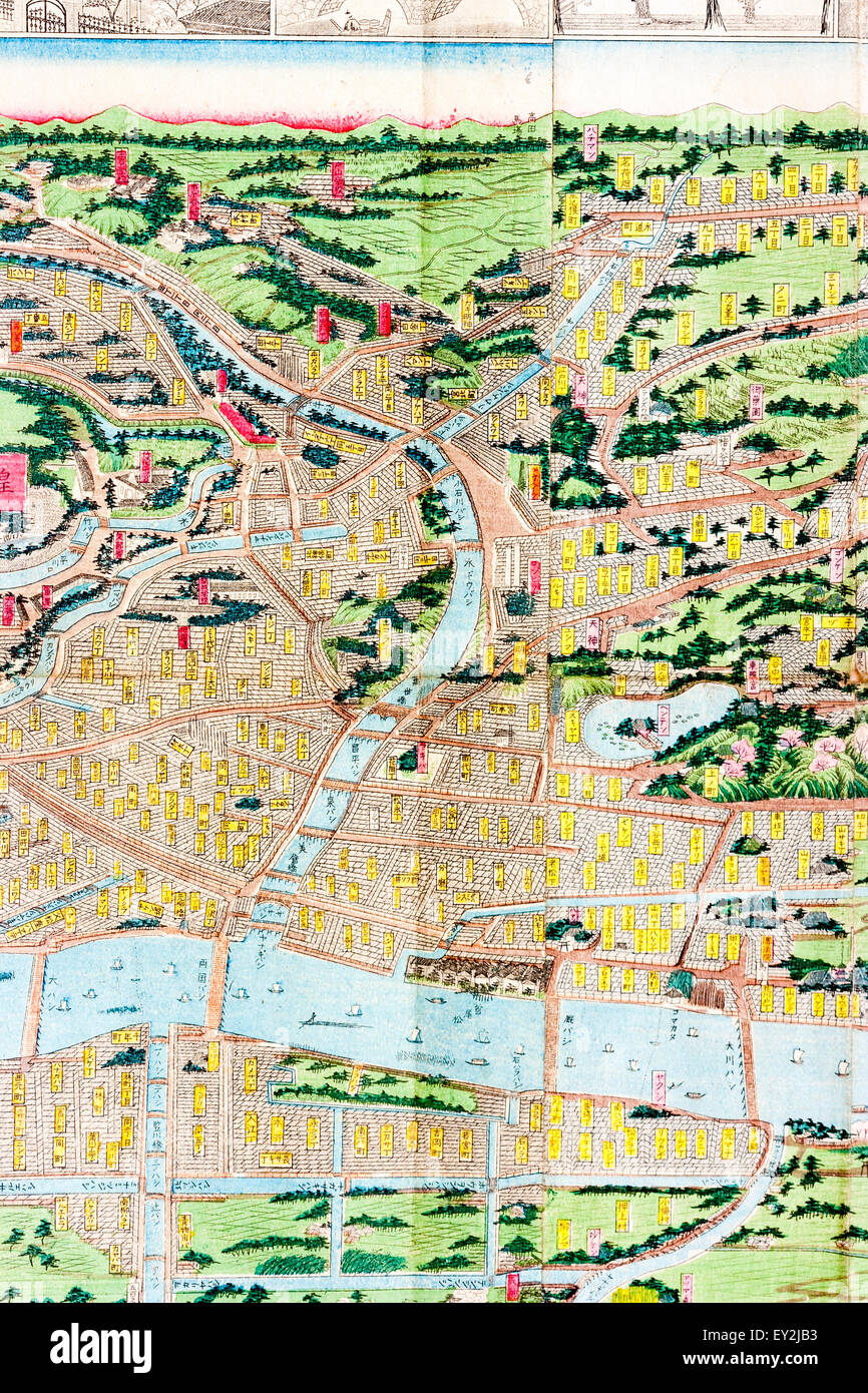 1882 stylized Topographic color Map of Tokyo, Edo. Detail showing part ...