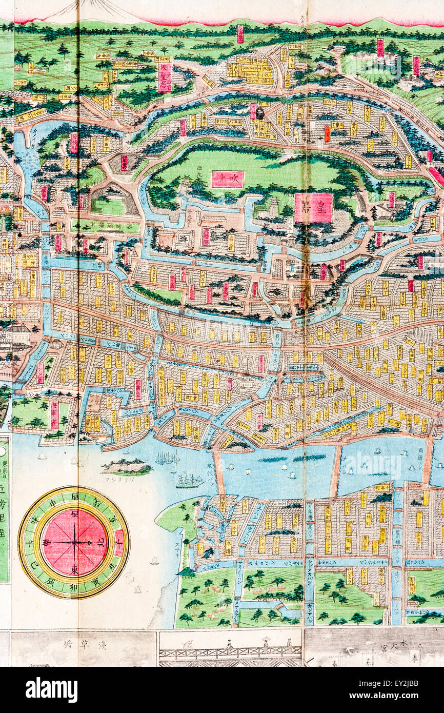 1882 stylized Topographic color Map of Tokyo, Edo. Detail showing part ...