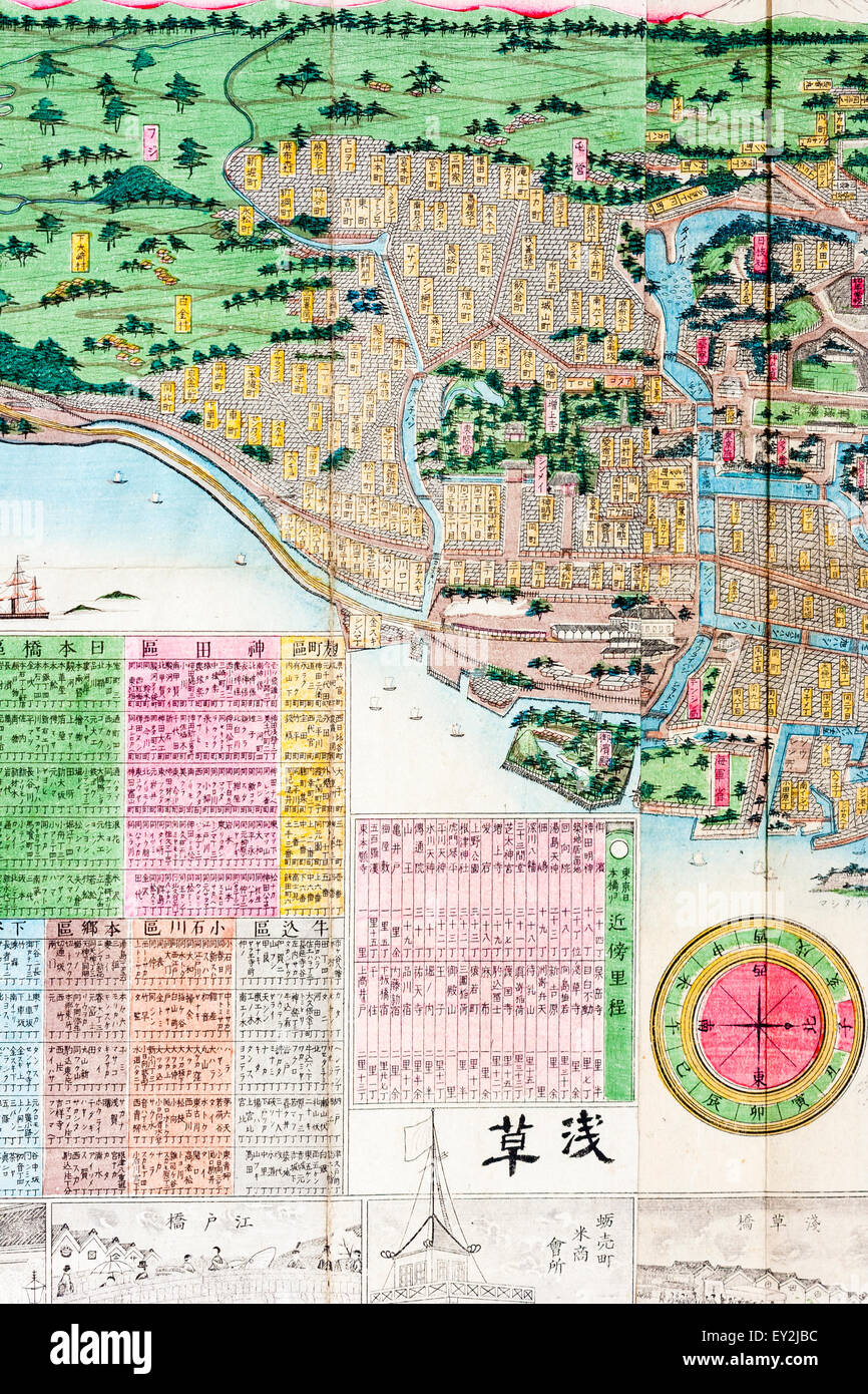 1882 stylized Topographic color Map of Tokyo, Edo. Detail, map, margin ...