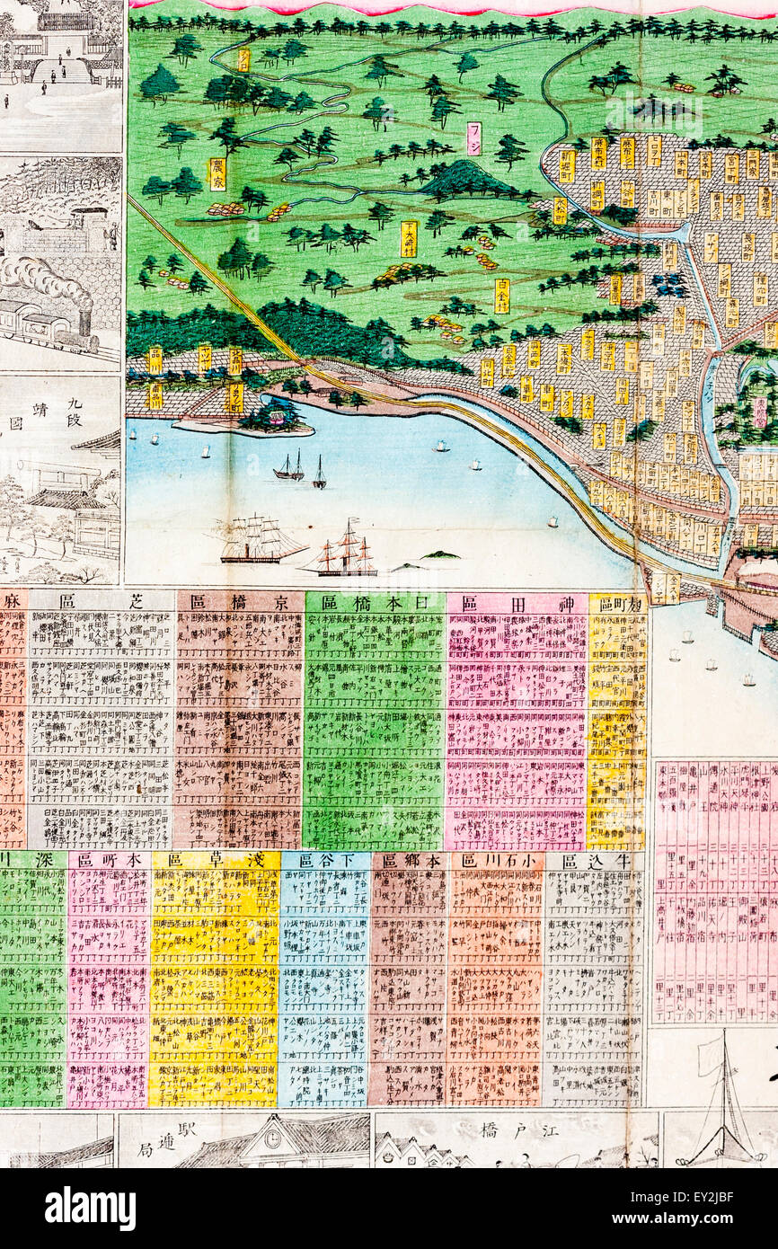 1882 stylized Topographic color Map of Tokyo, Edo. Detail, map, margin ...
