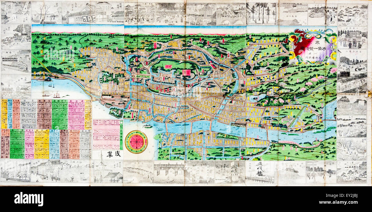 1882 stylized Topographic color Map of Tokyo, Edo. Map with margin line ...