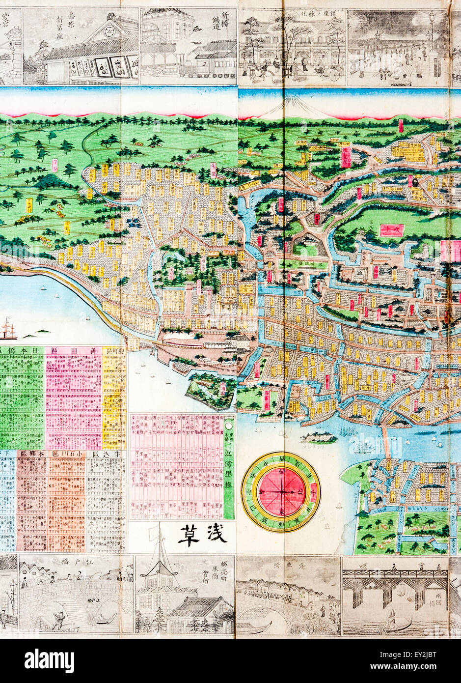 1882 stylized Topographic color Map of Tokyo, Edo. Detail, map, margin ...