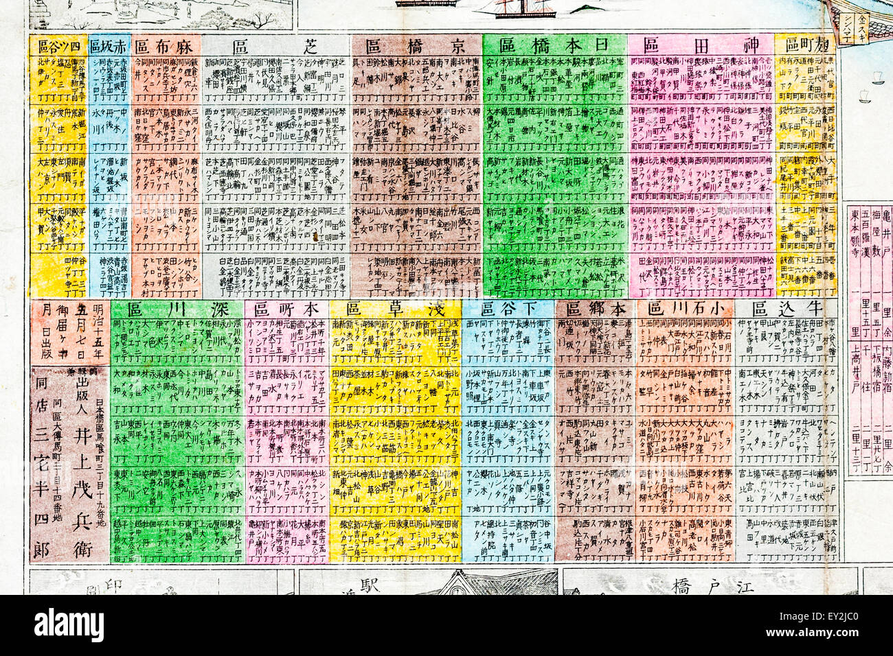 1882 stylized Topographic color Map of Tokyo, Edo. Detail of map ...