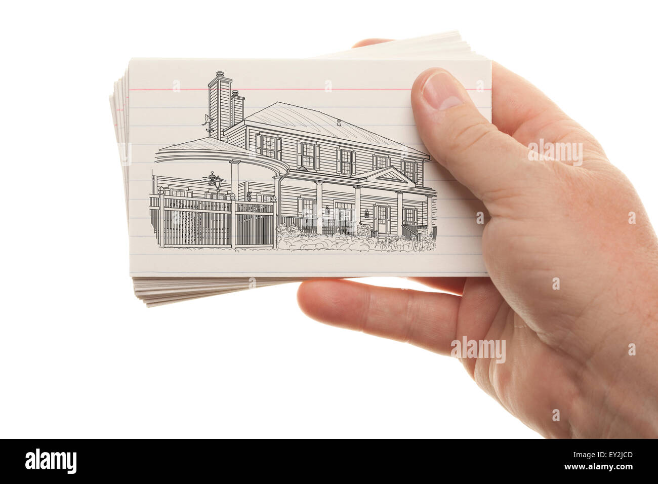 Male Hand Holding Stack of Flash Cards with House Drawing Isolated on a ...