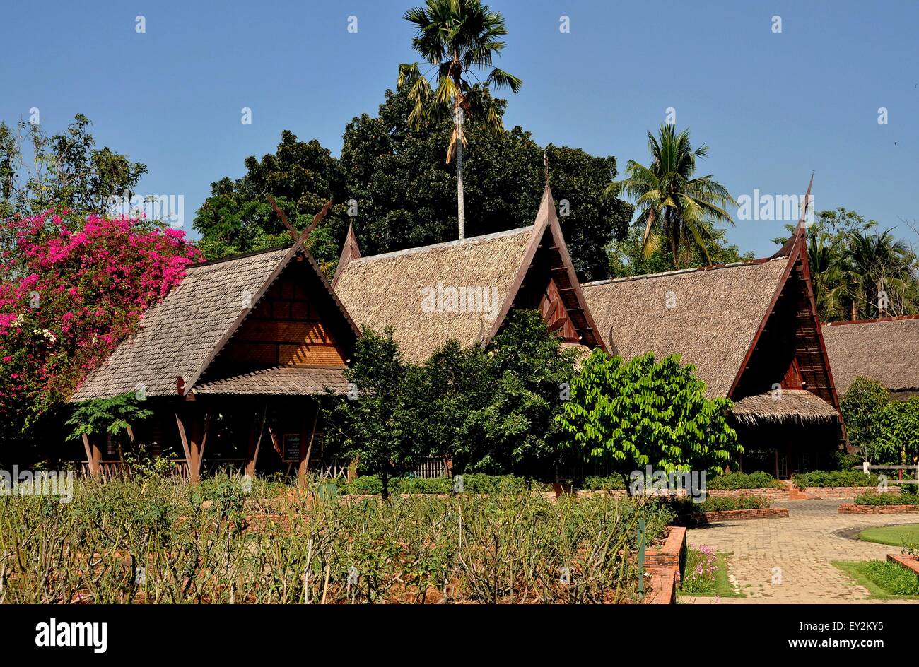 Sampan, Thailand: A row of traditional thatched roof wooden Thai houses ...