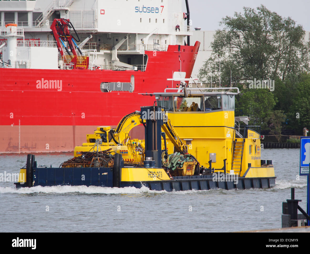 Hebo-Cat 9, an oil spill response vessel, operates on the Noord River ...