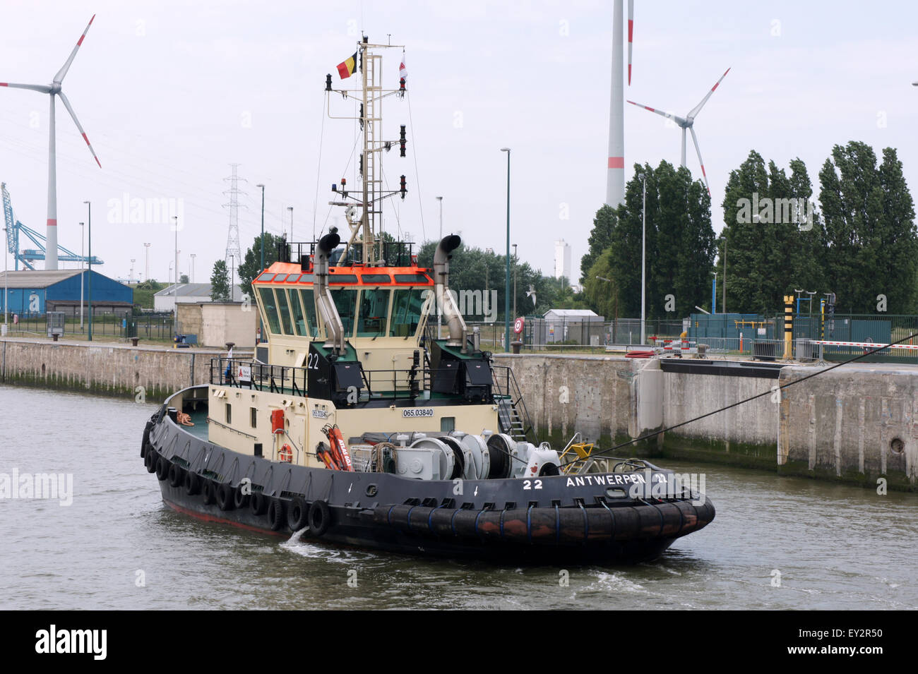 Tug 22, a vessel at the Port of Antwerp, is shown maneuvering various ...
