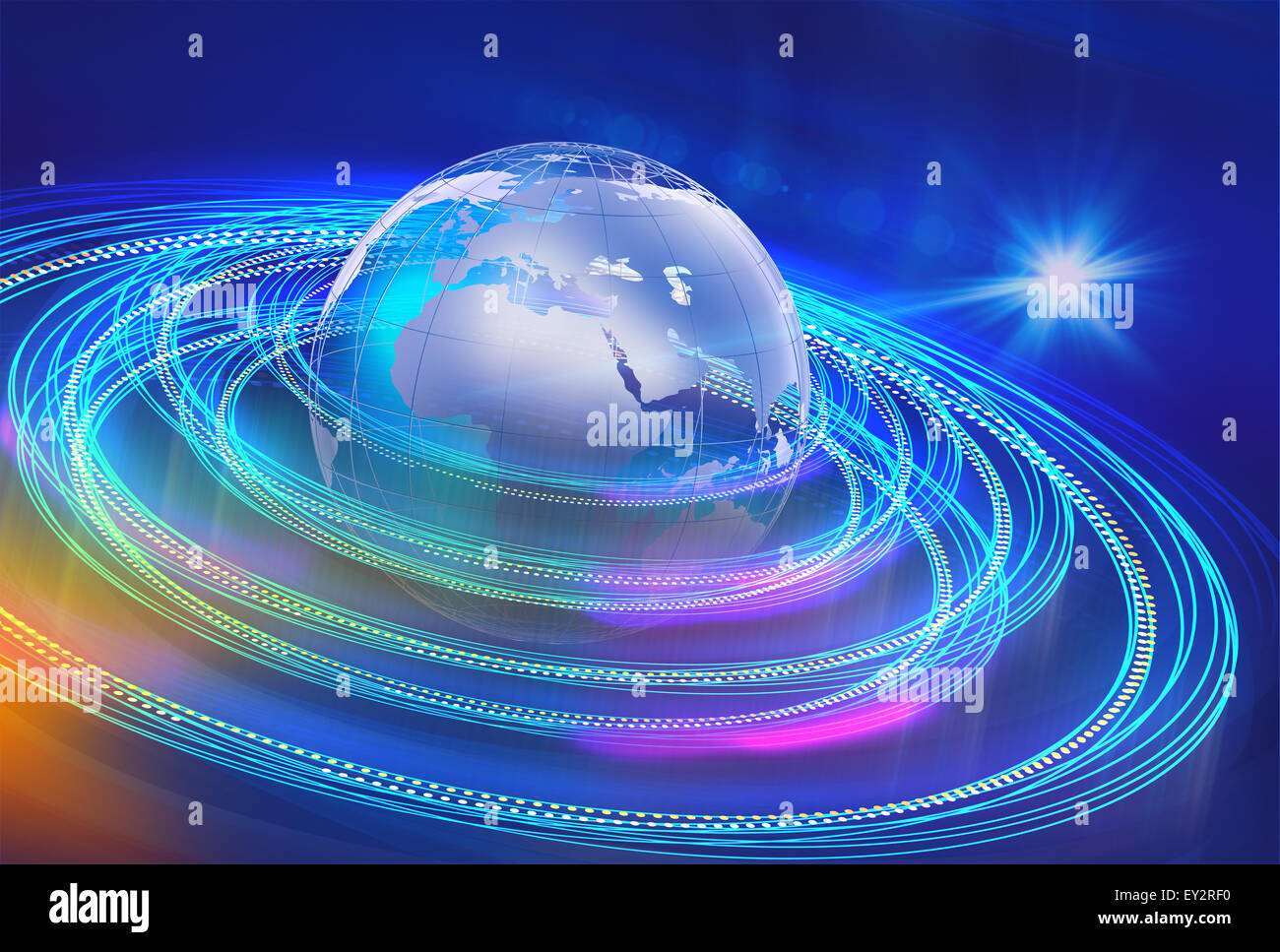 Graphical background of earth and satellite path in space with sun rays ...