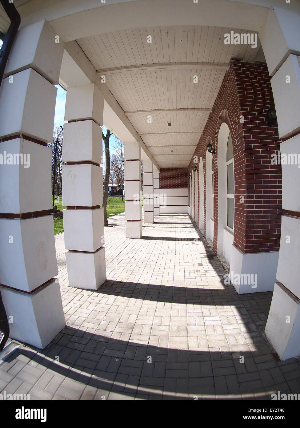 The facade of the city building with wide angle fisheye view Stock ...