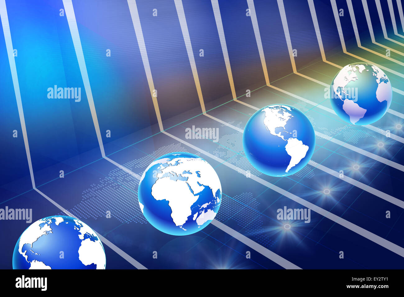 Multiple earth globe on a modern digital floor with reflections and ...