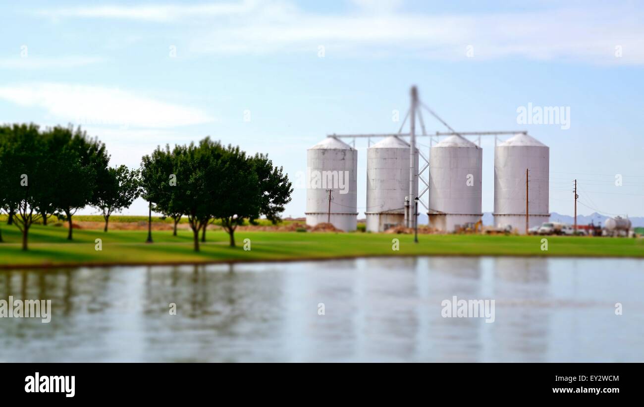 4 Silos by a Farm and a Lake Stock Photo - Alamy