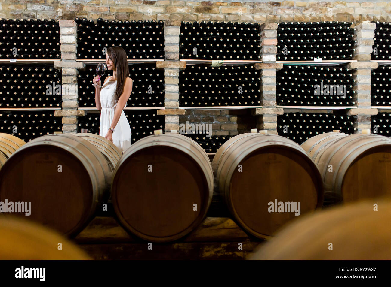 Young woman in the wine cellar Stock Photo - Alamy