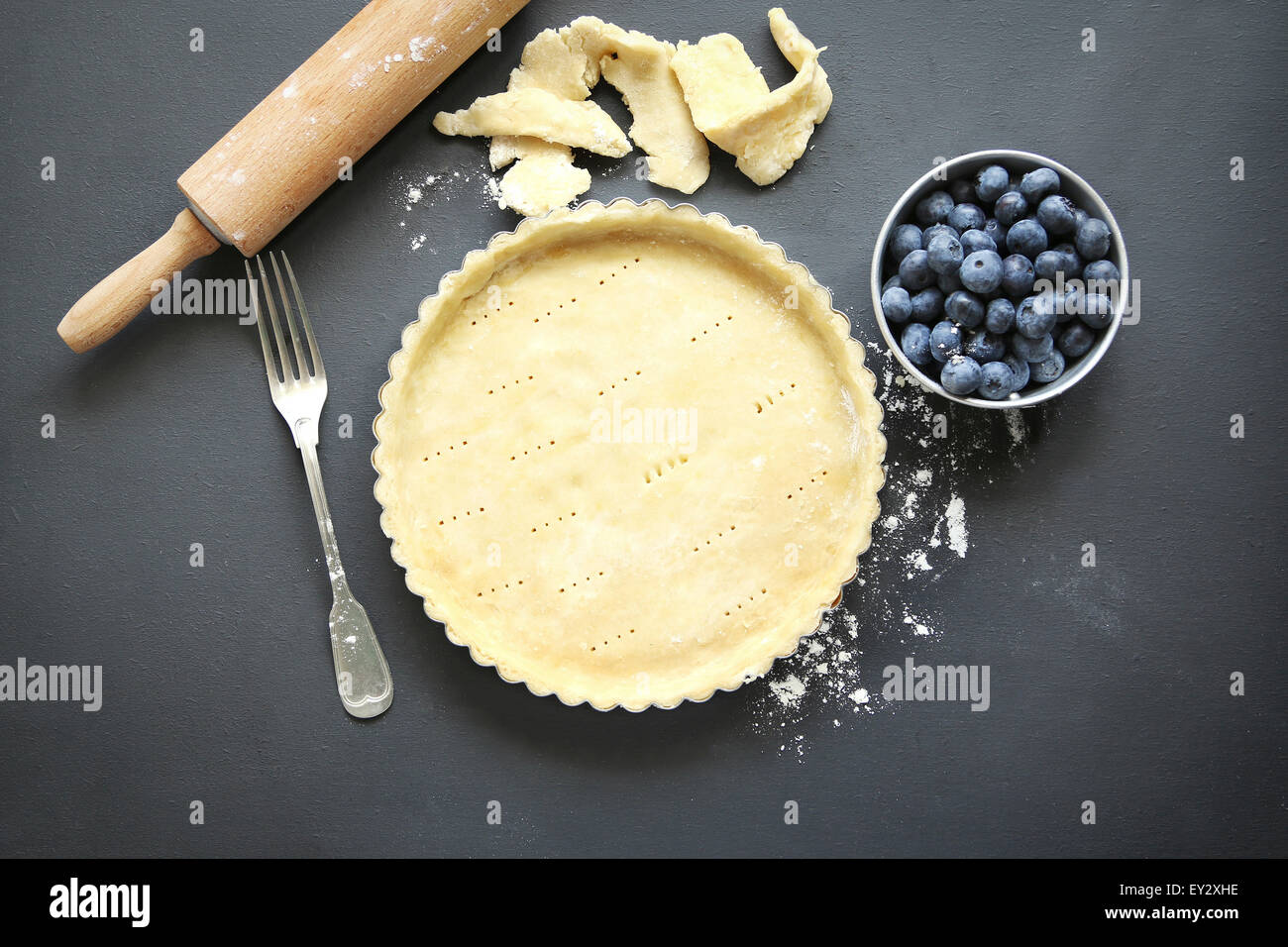 Tart dish with pastry base before being filled to be baked.Top view ...