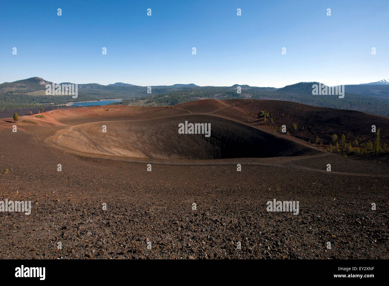 Crater and rim of Cinder Cone with Butte Lake in background, Lassen ...
