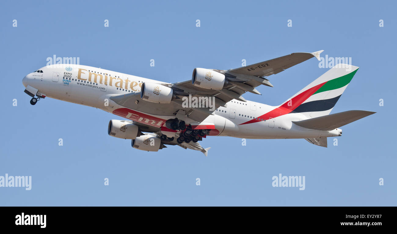 Emirates a380 taking off from heathrow airport hi-res stock photography ...