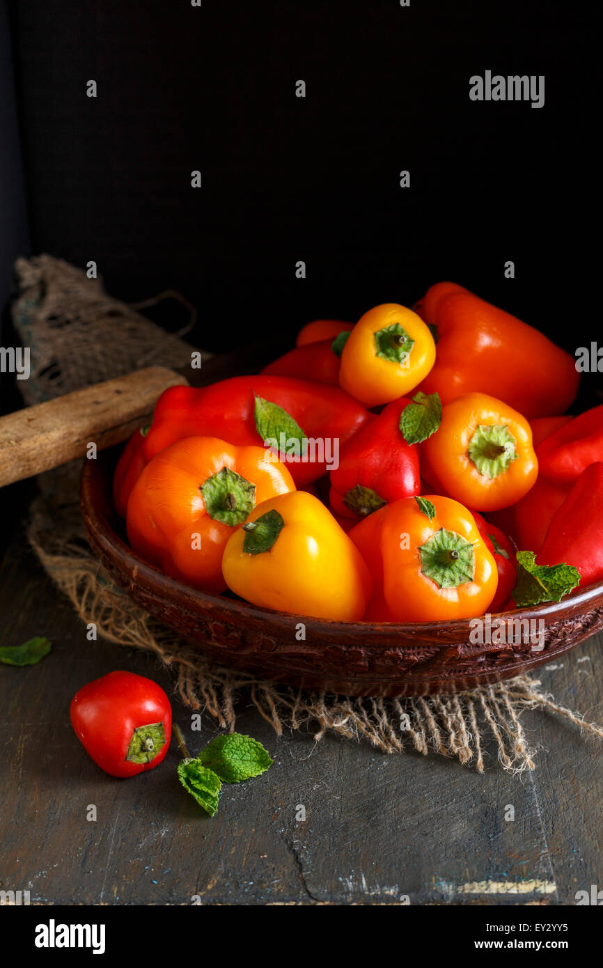 Sweet Crunchy Colorful Peppers on a Vintage Rustic Setup Stock Photo ...
