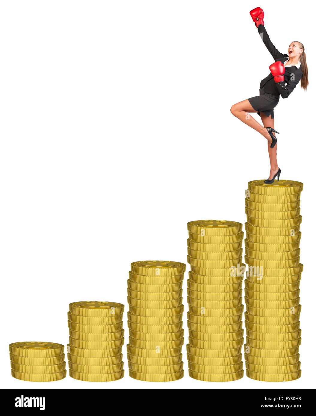 Businesslady in boxing gloves on gold coins stack Stock Photo - Alamy