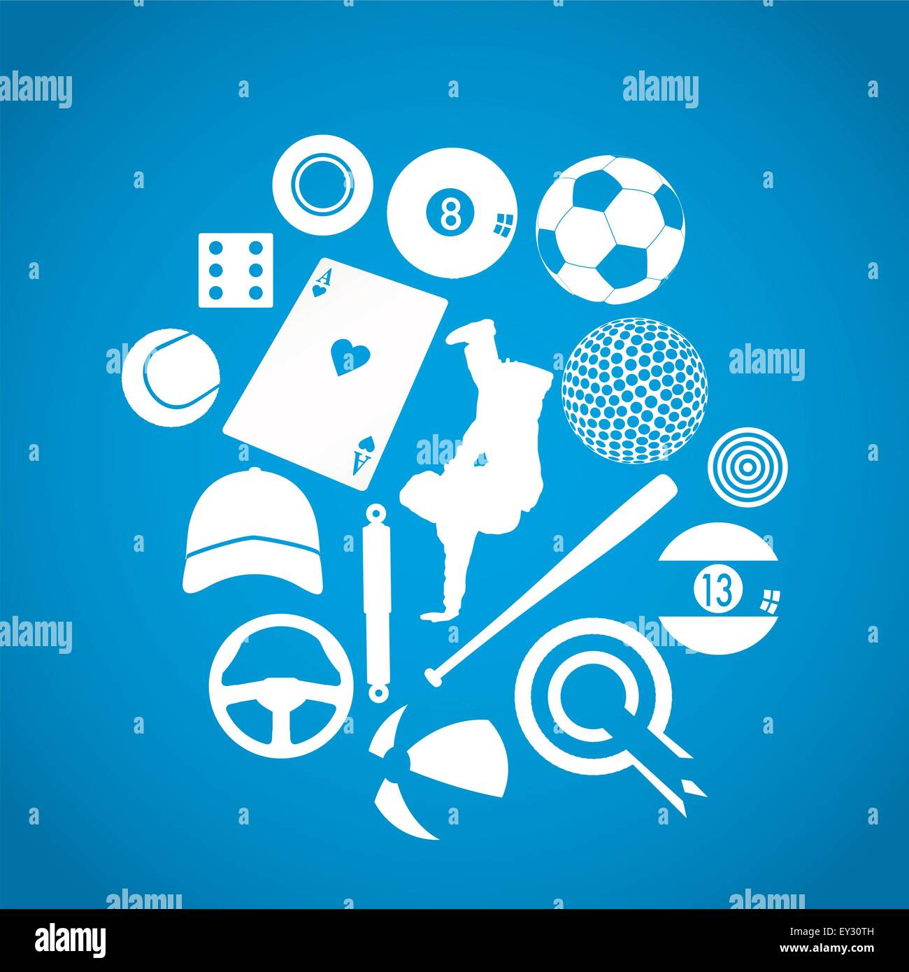 collection of white games and sports icon on a blue background Stock ...