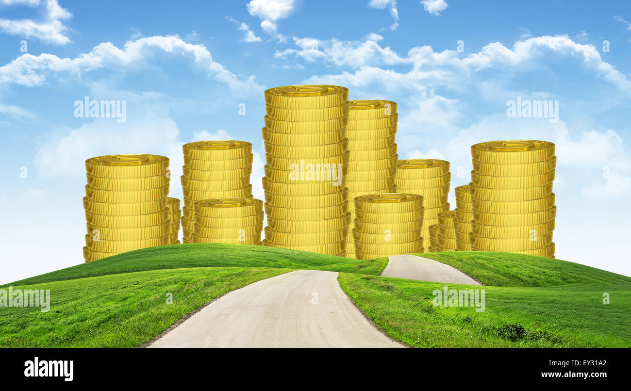Golden coins stack on landscape Stock Photo - Alamy