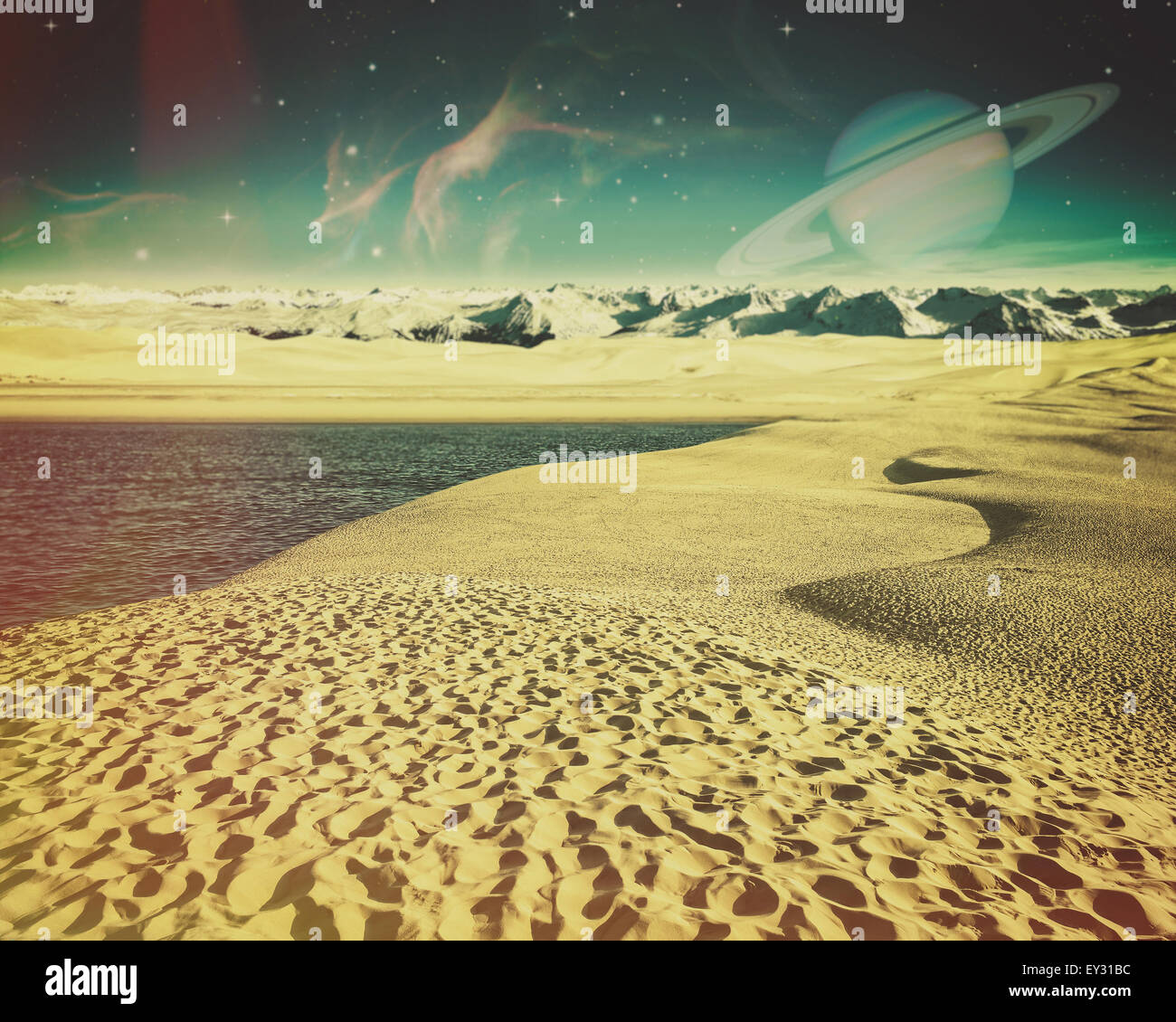 Fantastic backgrounds with another planet on the skies and dry desert ...