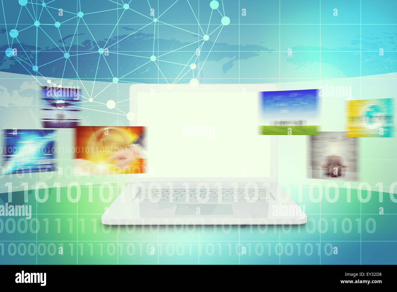 Laptop with blank screen and colorful pictures Stock Photo - Alamy