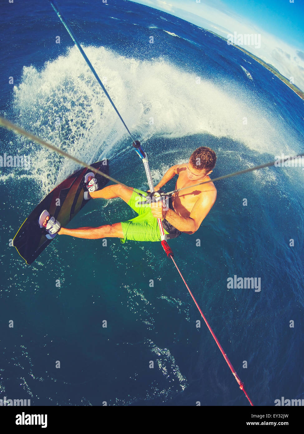 Kite Boarding. Fun in the ocean, Extreme Sport. POV View from Action ...