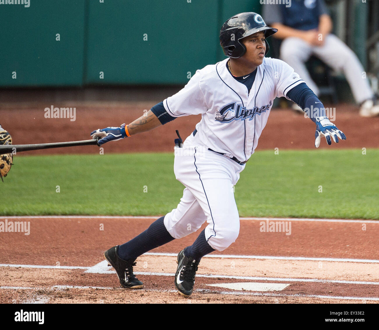 July 4, 2015:Columbus Clippers shortstop Jose Ramirez (6) hits the ball ...