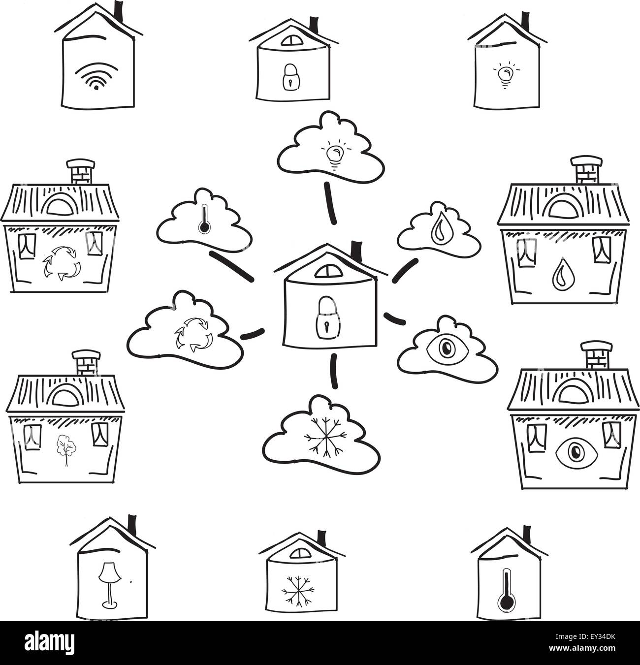 Drawn house with clouds and lock. Vector illustration Stock Vector ...
